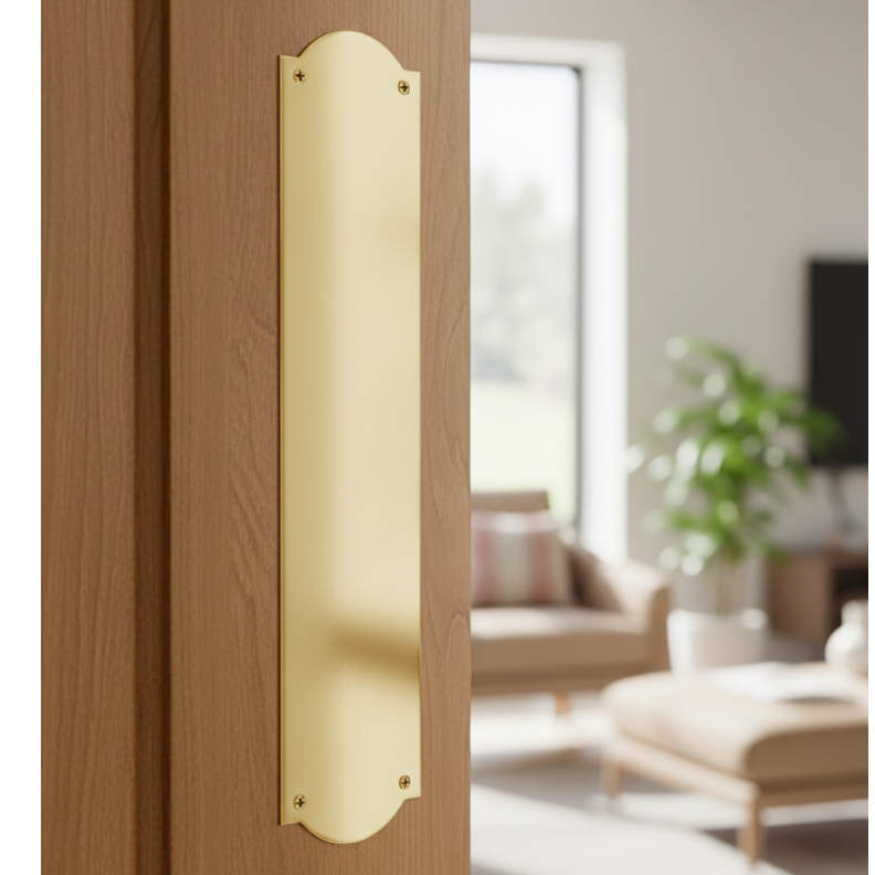 Satin Brass S640 Shaped Finger Plate 305x77mm – Door Furniture Direct