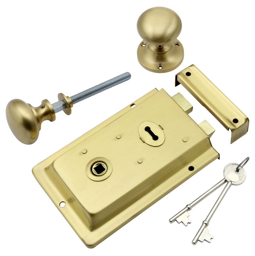 Satin Brass Rim Lock and Mushroom Rim Knob Set – Door Furniture Direct